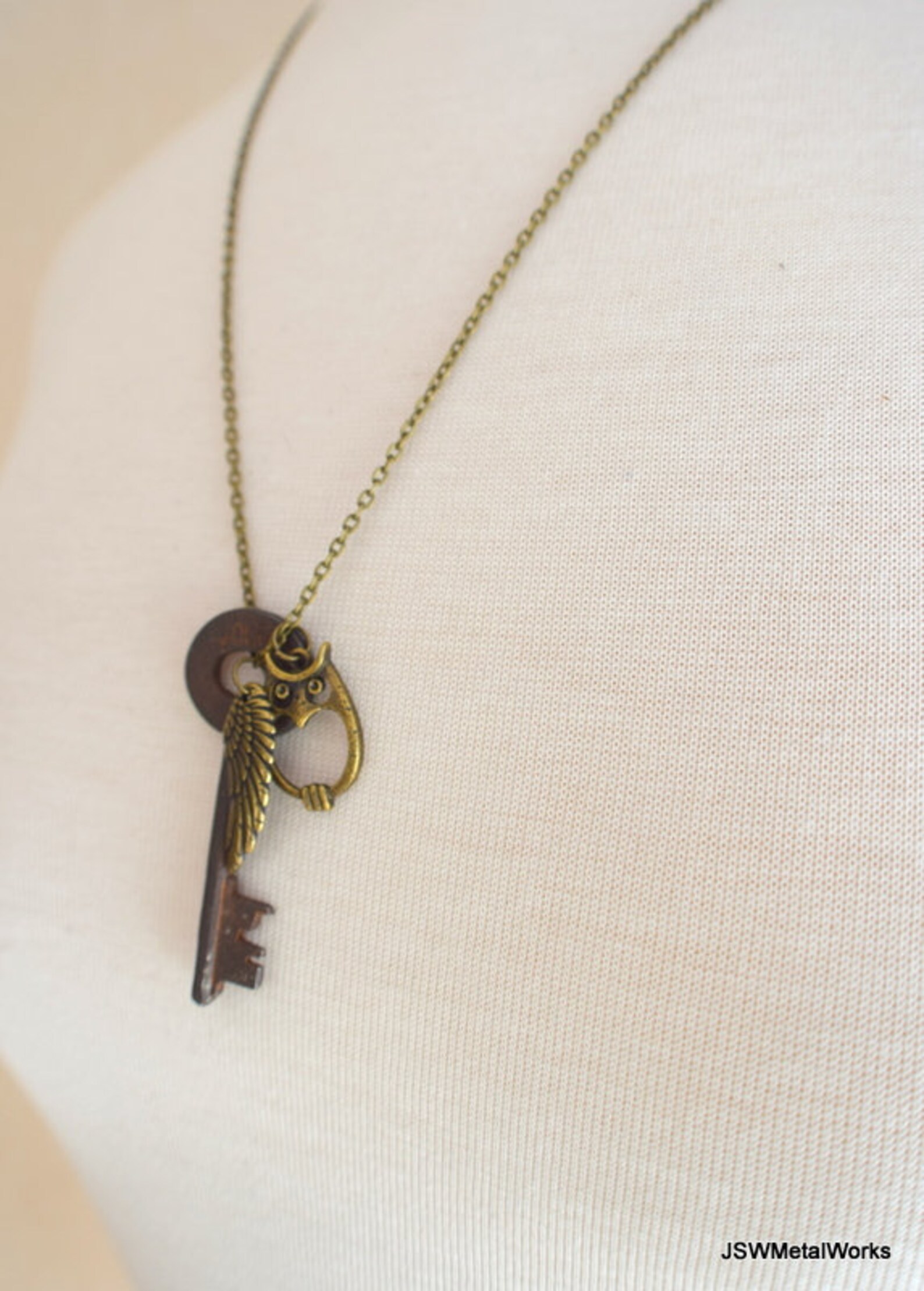 Antiqued Brass Steampunk Skeleton Key Necklace With Owl and Wing, Brass ...