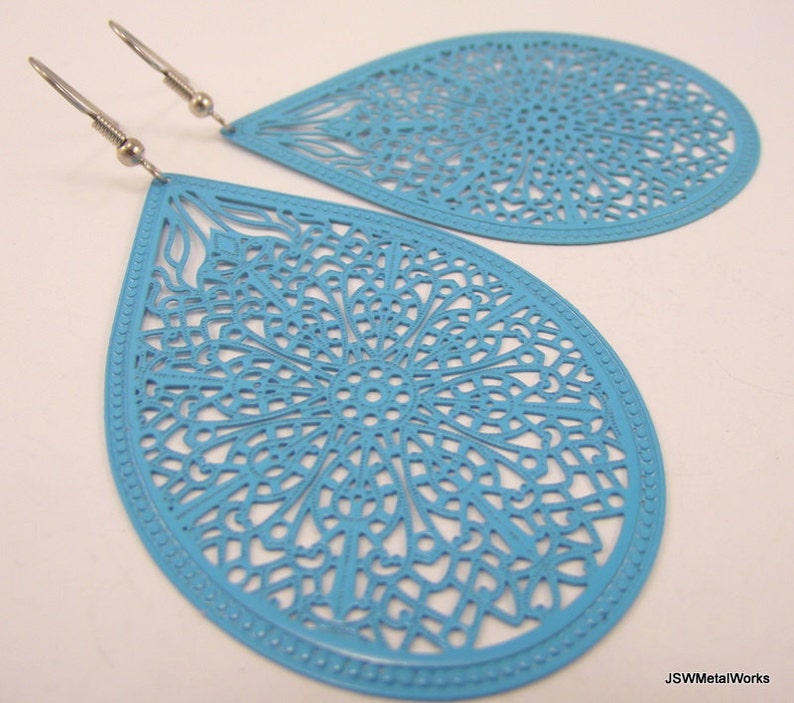 Medium Light Blue Filigree Teardrop Earrings Easter Filigree - Etsy