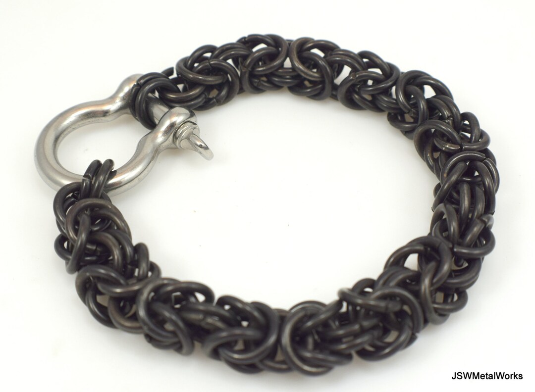 Unisex Black Byzantine Stainless Steel Chainmaille Bracelet, Men's Bold ...