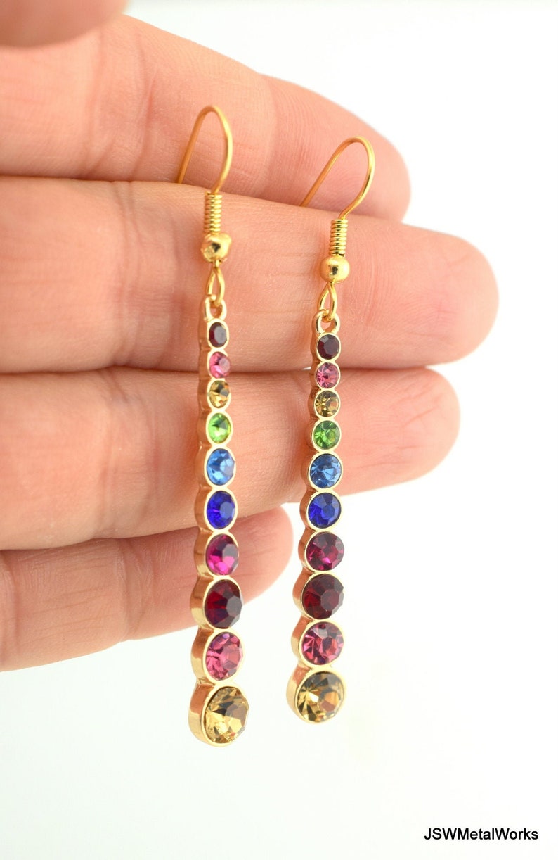 Golden Multicolor Graduated Rhinestone Drop Earrings Long - Etsy