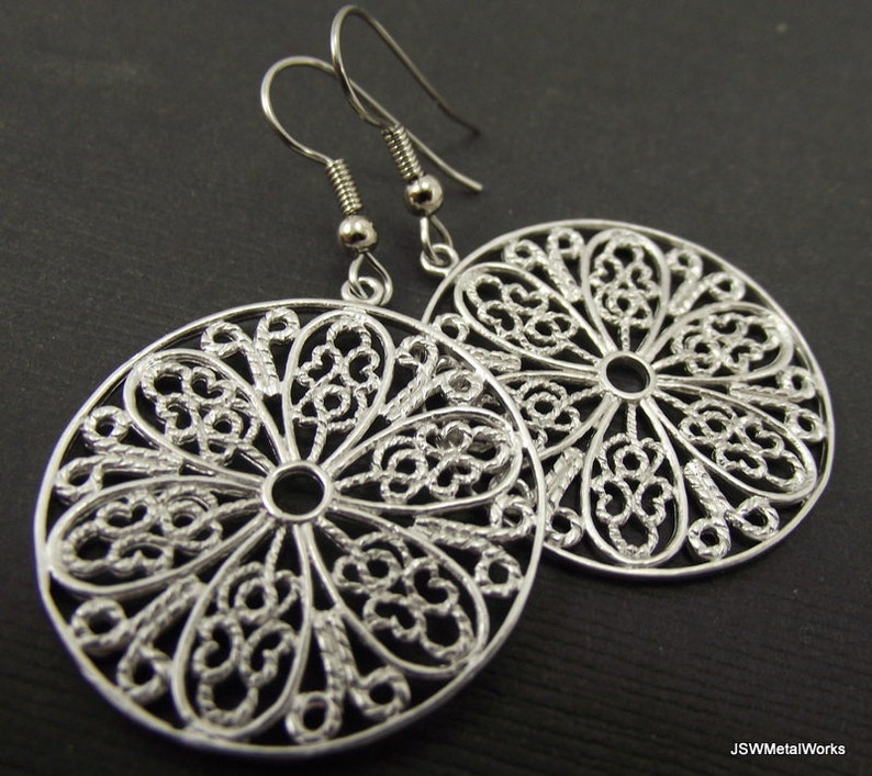 Ornate Round Silver Filigree Medallion Earrings Gift for - Etsy