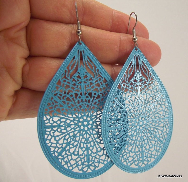Medium Light Blue Filigree Teardrop Earrings Easter Filigree - Etsy