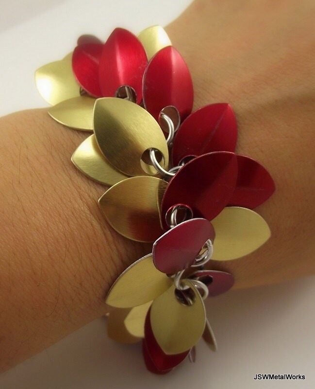 Red and Gold Shag Anodized Aluminum Bracelet Scalemail | Etsy