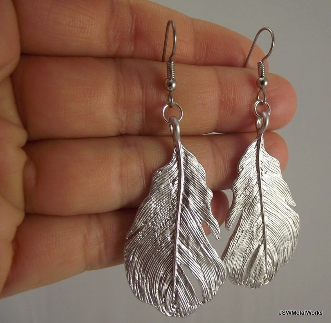 Bold Silver Feather Earrings, Silver Statement Earrings, Git for Her ...