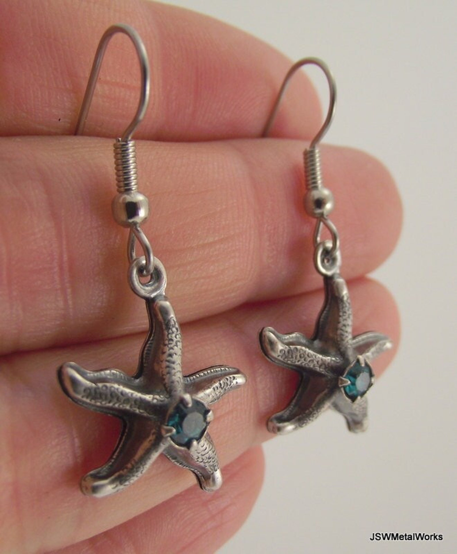 Antiqued Silver Starfish Earrings With Emerald Crystal | Etsy