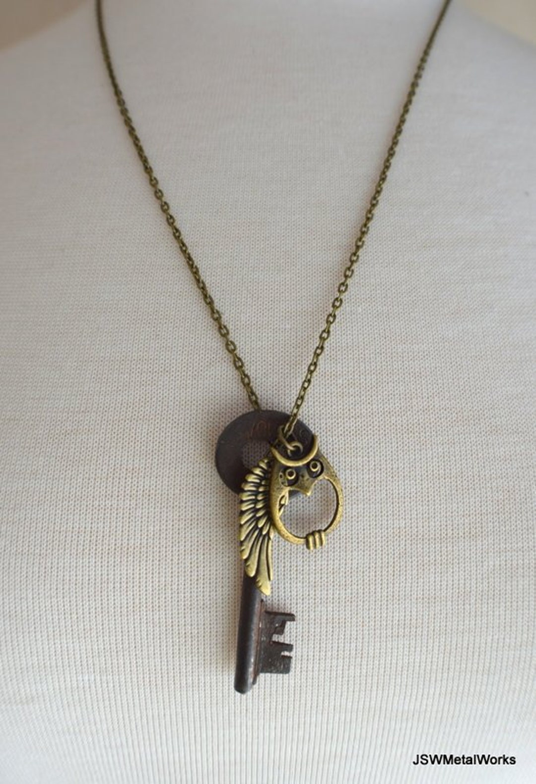 Antiqued Brass Steampunk Skeleton Key Necklace With Owl and Wing, Brass ...