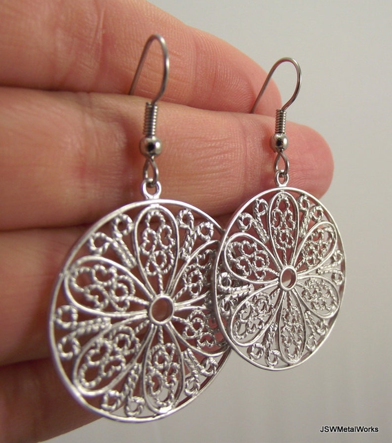 Ornate Round Silver Filigree Medallion Earrings Gift for - Etsy