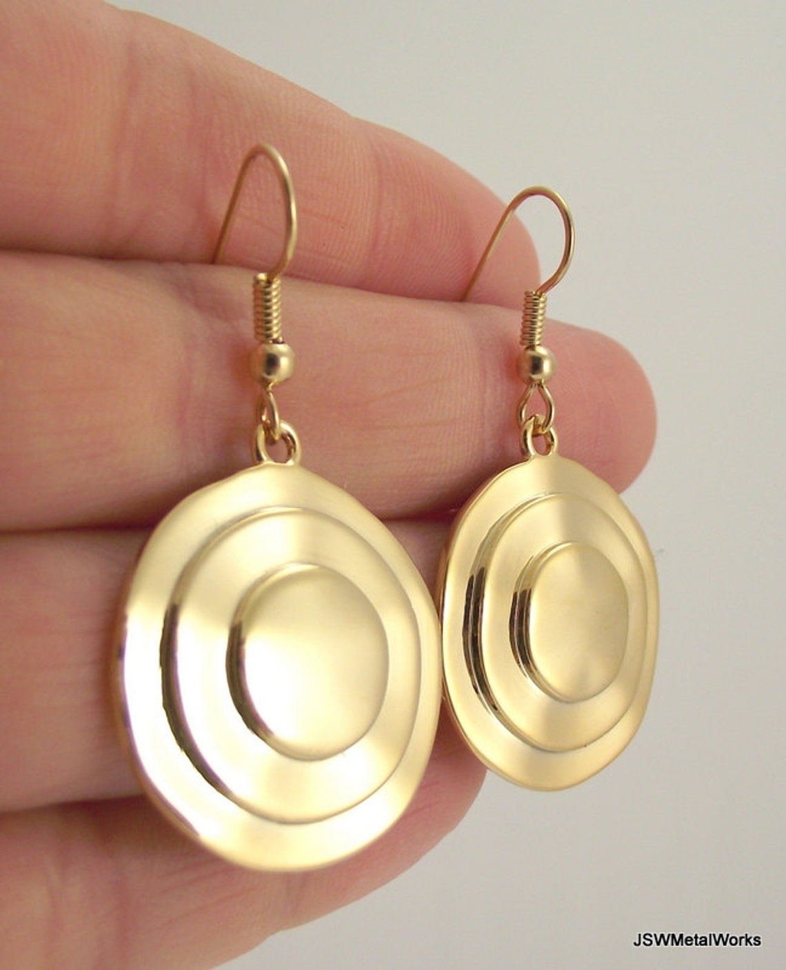 Large Geometric Gold Circle Earrings, Shiny Gold Round Medallion ...