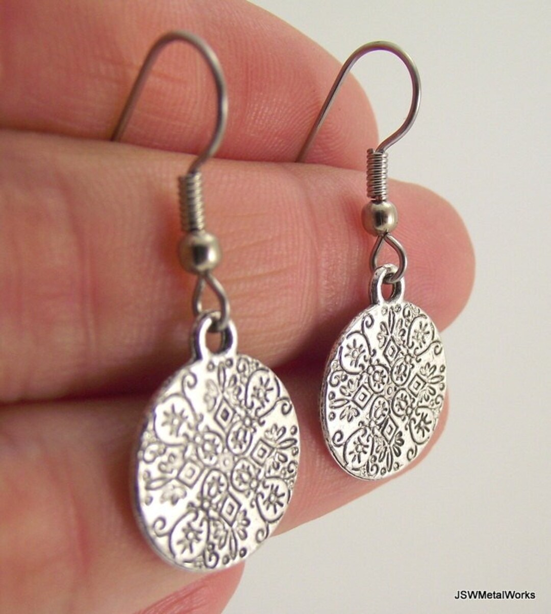 Small Round Etched Pewter Earrings, Antiqued Silver Earrings ...