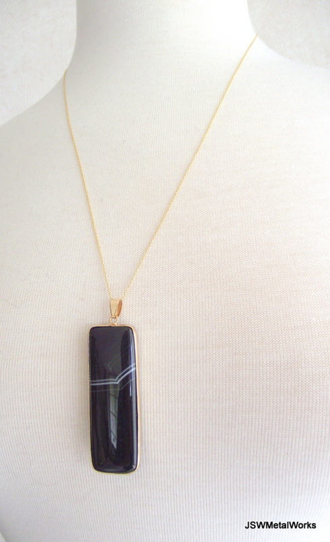 Black Rectangular Agate Necklace 24 Inch 14kt Gold Cable - Etsy Australia