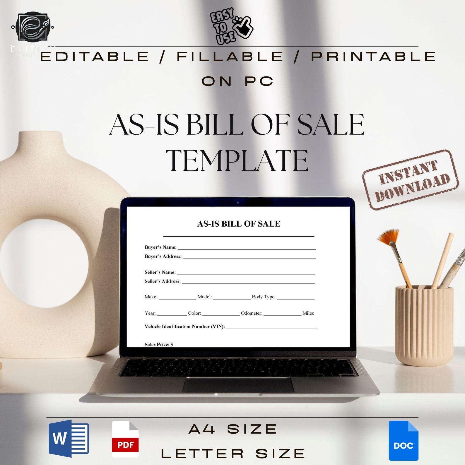 As-is Bill of Sale Template, Vehicle Sale Agreement (fillable PDF ...