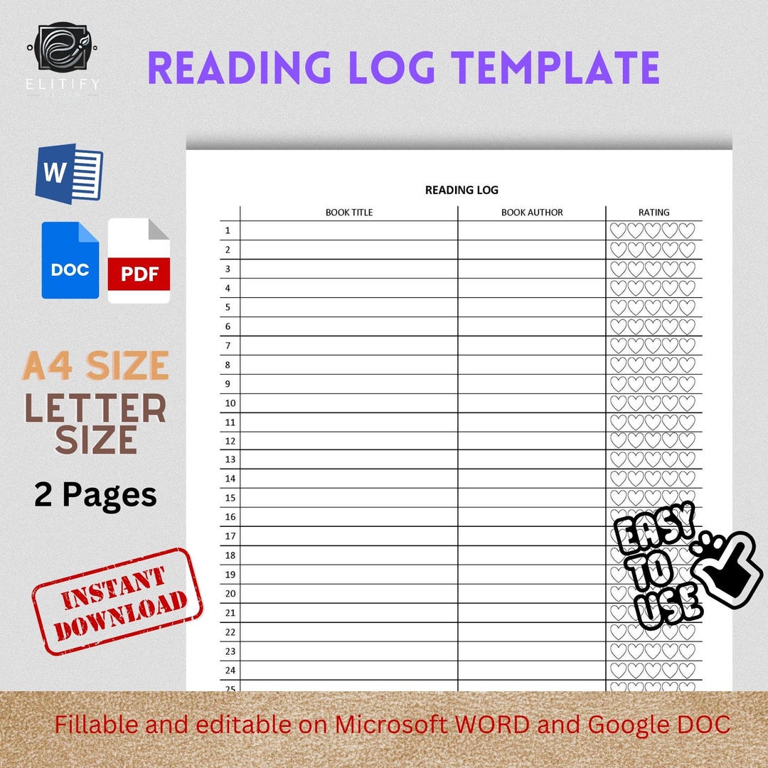 Fillable Reading Log Template: Printable, Editable (digital Download ...