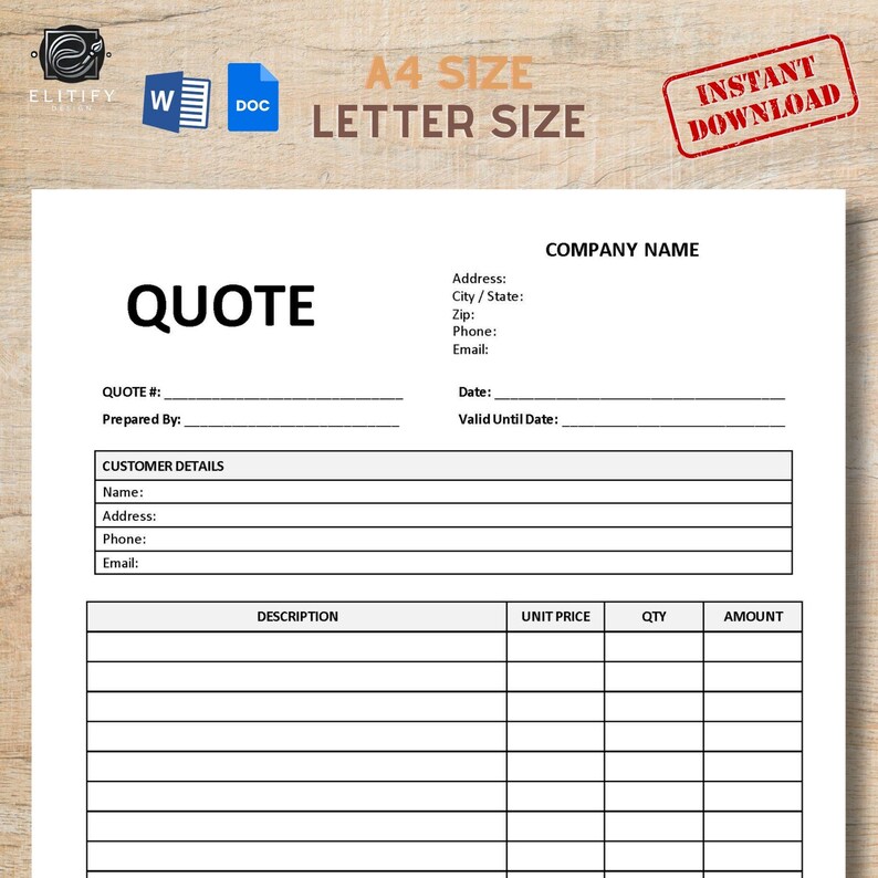 Quote Form . Fillable Tempate With Google Docs or Microsoft Word.job ...