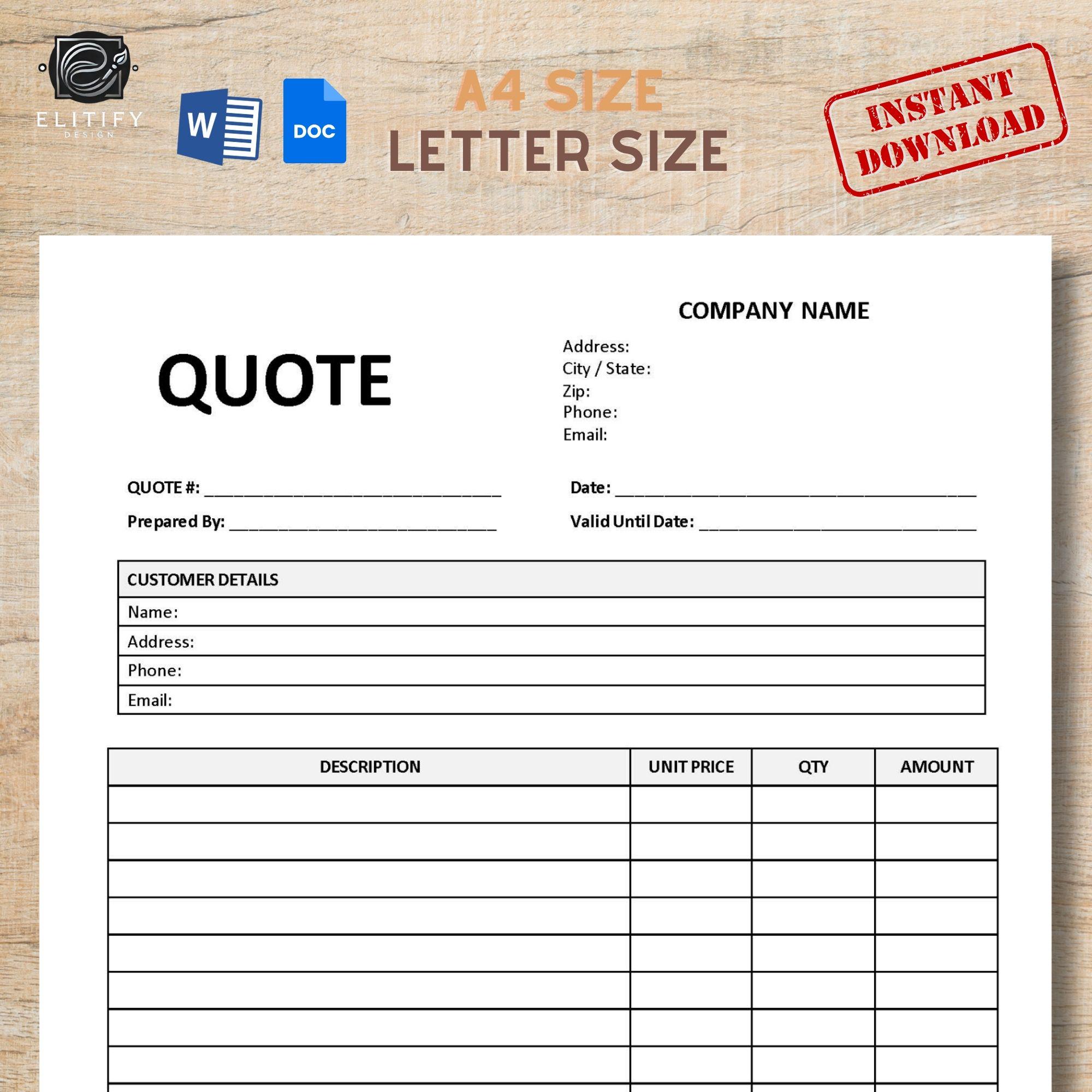 Quote Form . Fillable Tempate With Google Docs or Microsoft Word.job ...