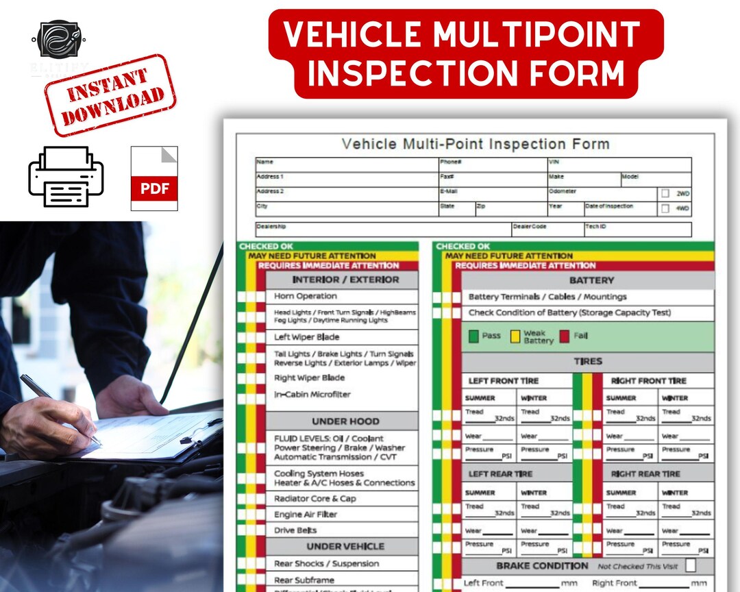 Printable Vehicle Inspection Form Multi-point | Instant Download ...