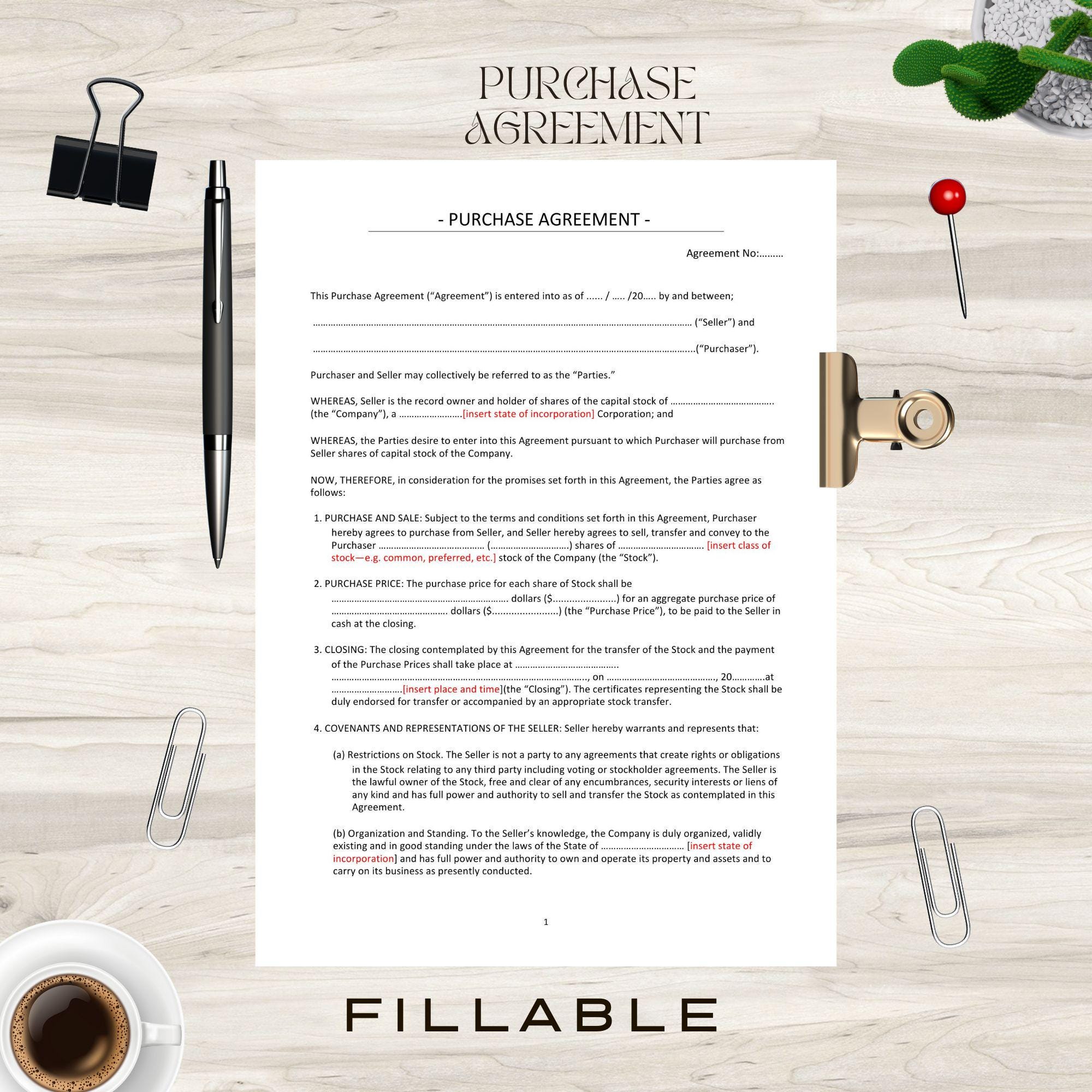 Purchase Agreement Template Printable PDF and WORD Format. Documenting ...