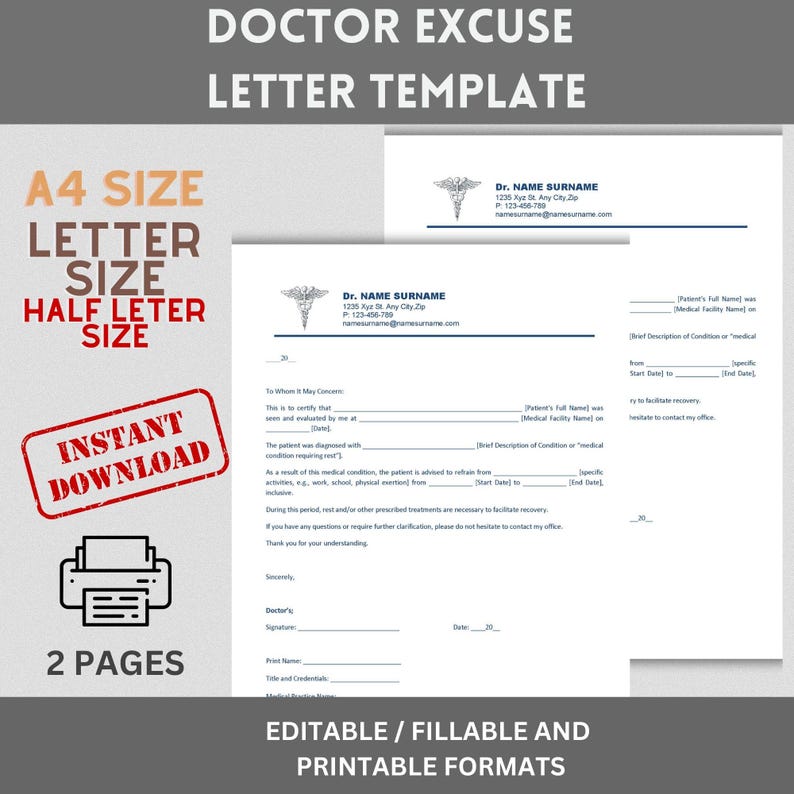Editable Doctor Excuse Letter Template, Fillable, Printable (digital ...