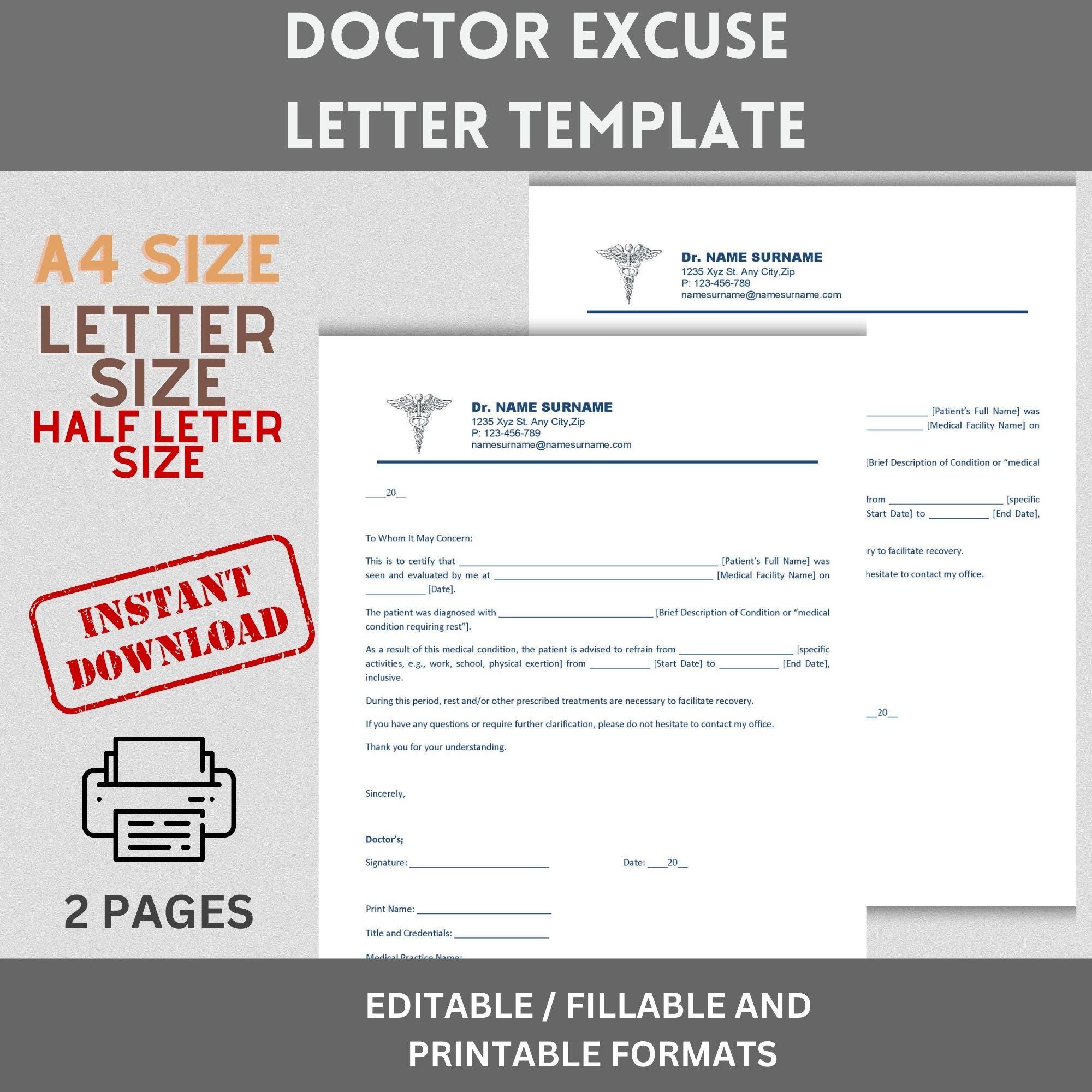 Editable Doctor Excuse Letter Template, Fillable, Printable (digital ...