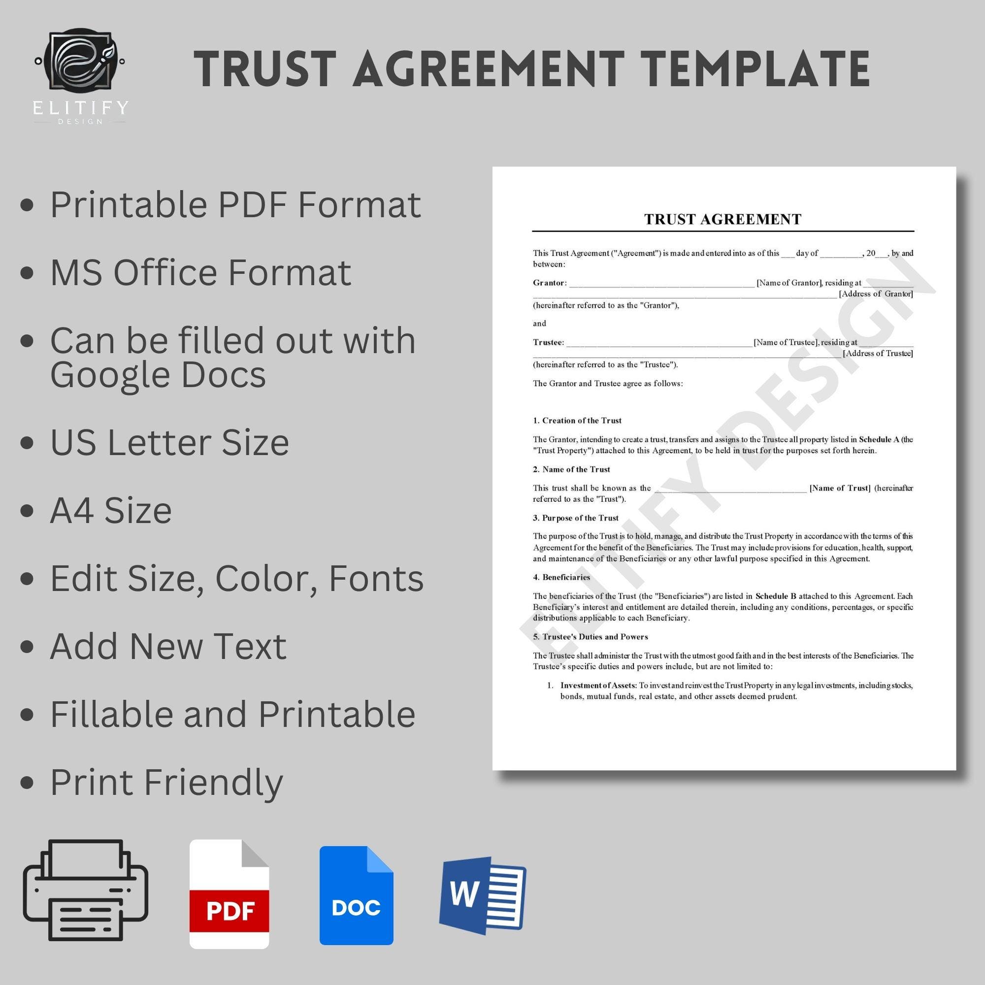 Trust Agreement Template. Editable, Fillable, Printable Document ...
