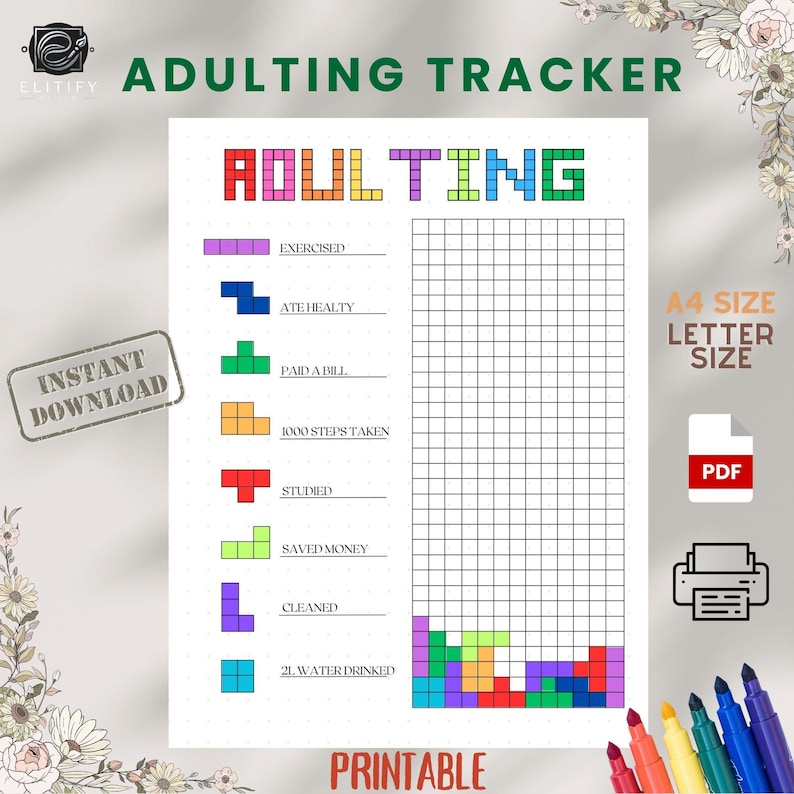 ADULTING TETRIS TRACKER / Printable Tracker / Habit Tracker /journal ...