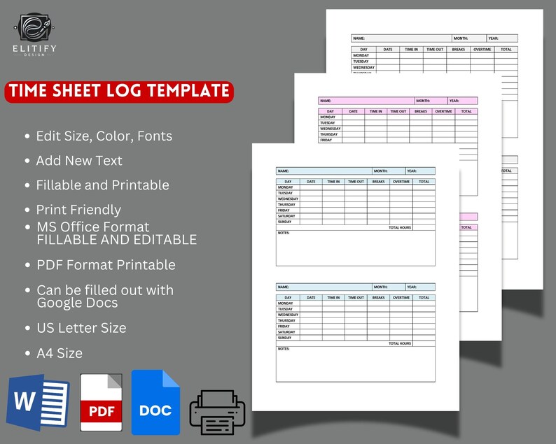 Printable Time Sheet Log: A4, A5, Letter Size (pdf/word) - Etsy