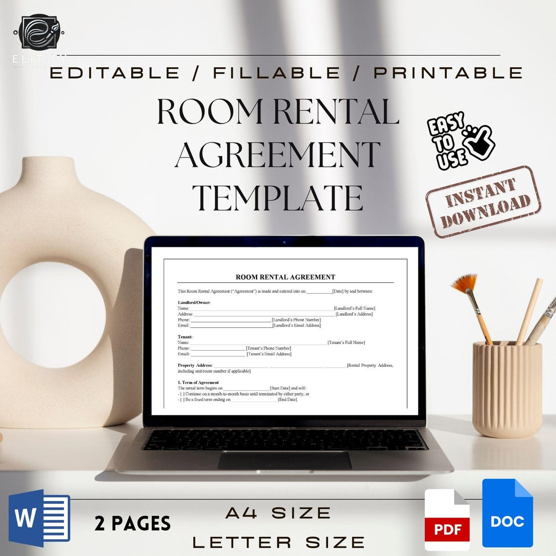 ROOM RENTAL AGREEMENT Template. 2 Pages Editable Room Tenancy Agreement ...