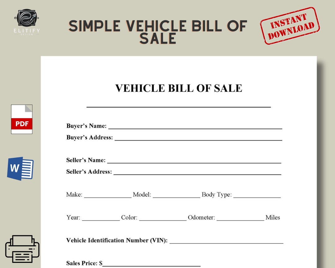 Vehicle Bill of Sale Printable / Simple Editable, Fillable Template ...