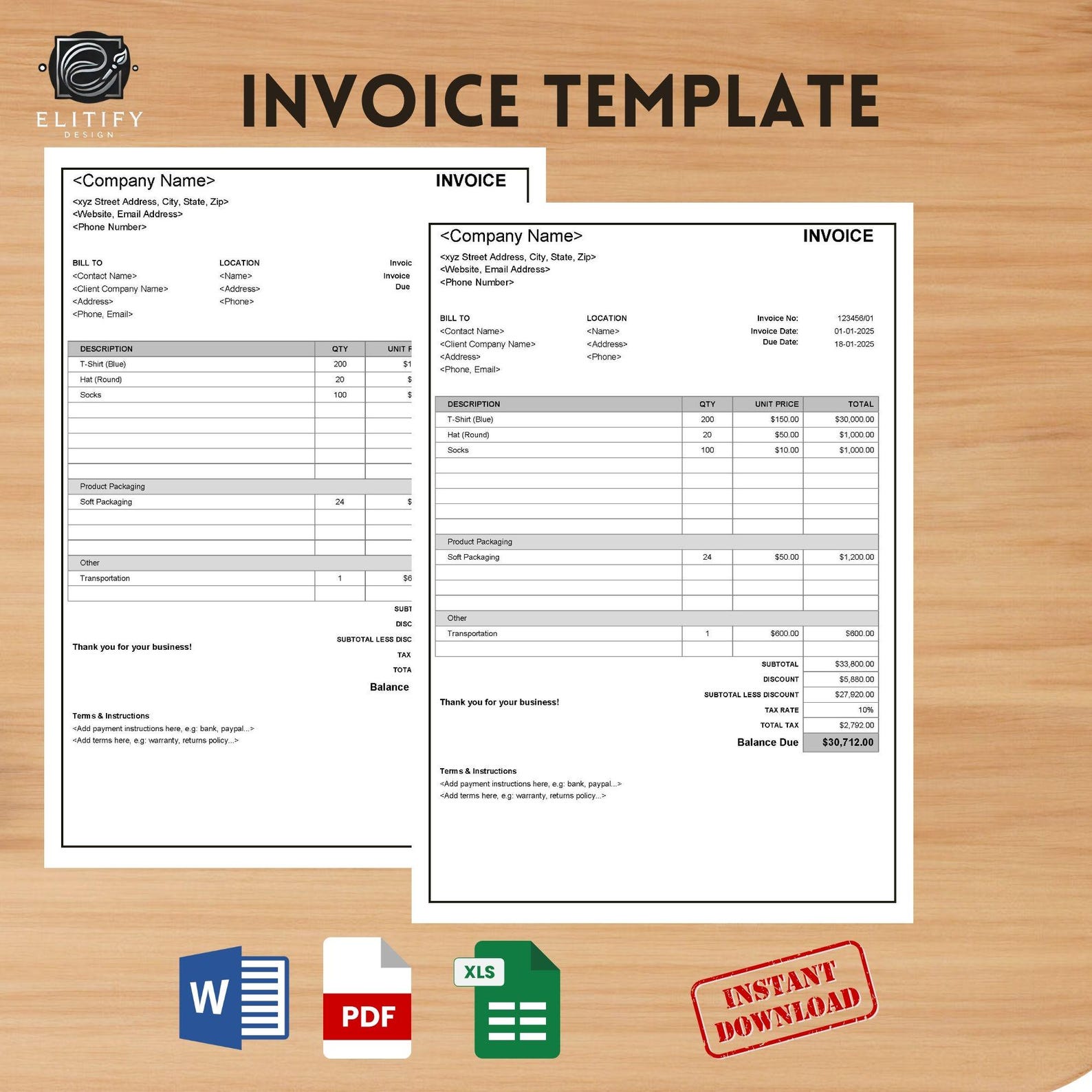 Invoice Template Editable.both in Excell and Word Format. Custom ...