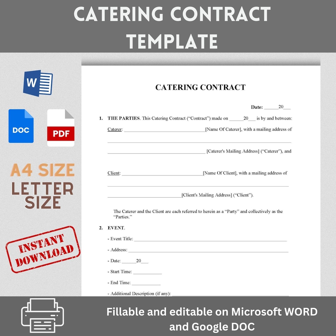 CATERING CONTRACT TEMPLATE / Food Service Contract / Editable,fillable ...