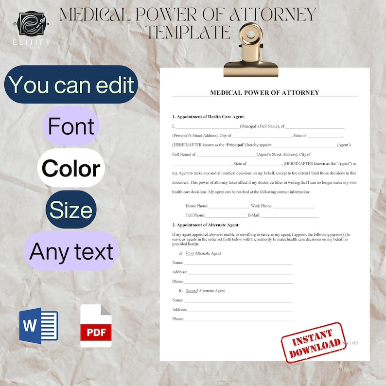MEDICAL POWER of ATTORNEY Template / Printable Pdf and Editable Word ...