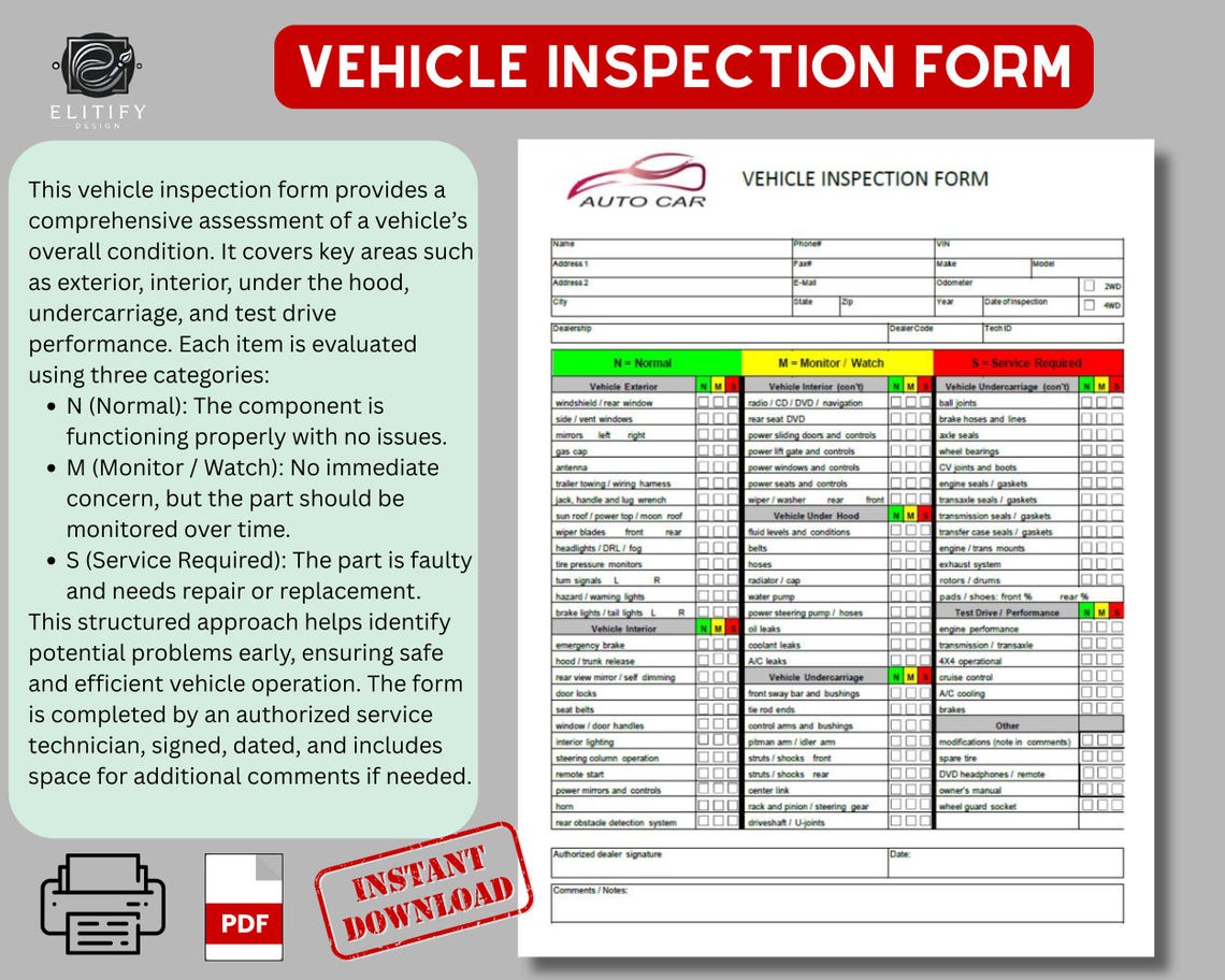 Vehicle Inspection Form – Printable PDF | Instant Download | Letter ...