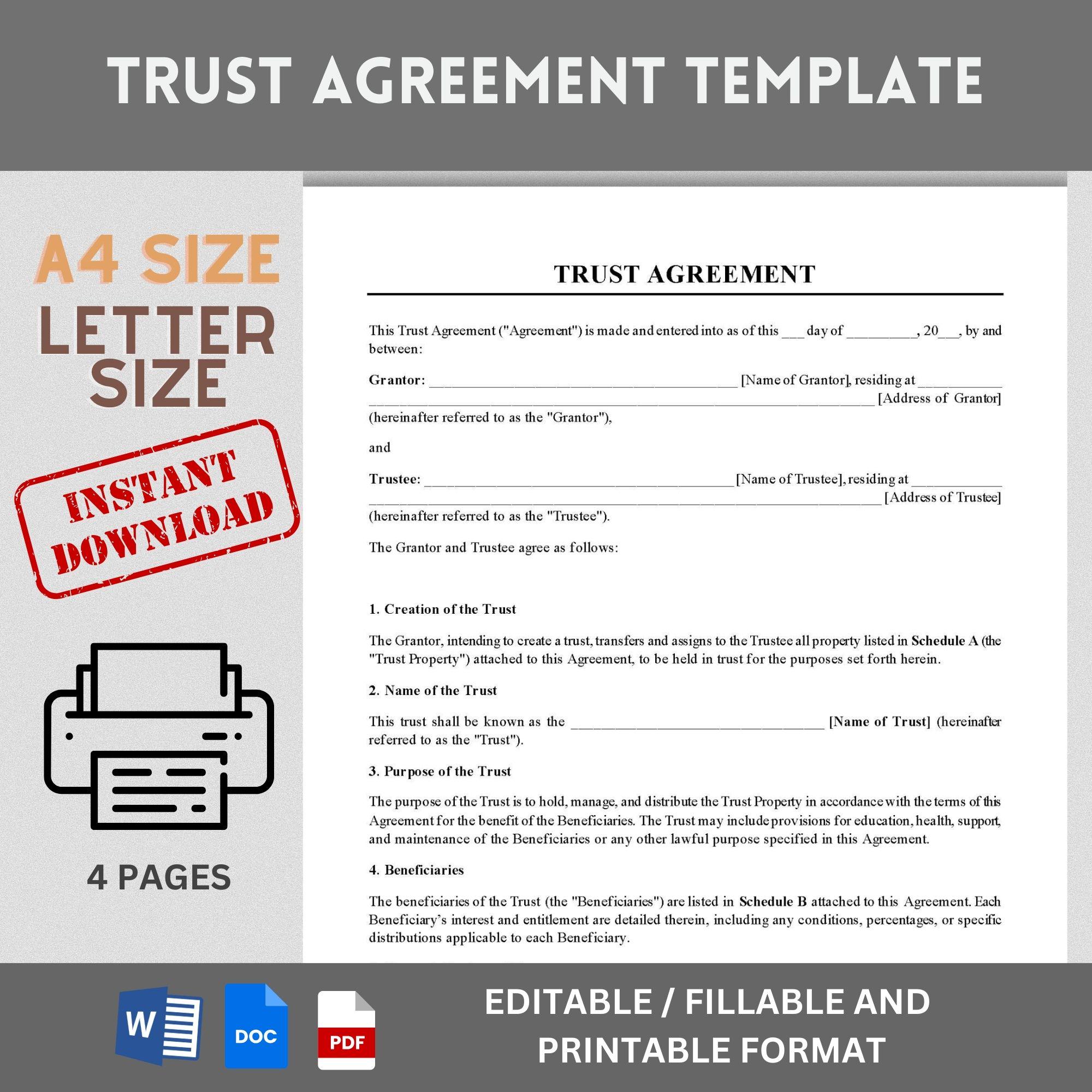 Trust Agreement Template. Editable, Fillable, Printable Document ...