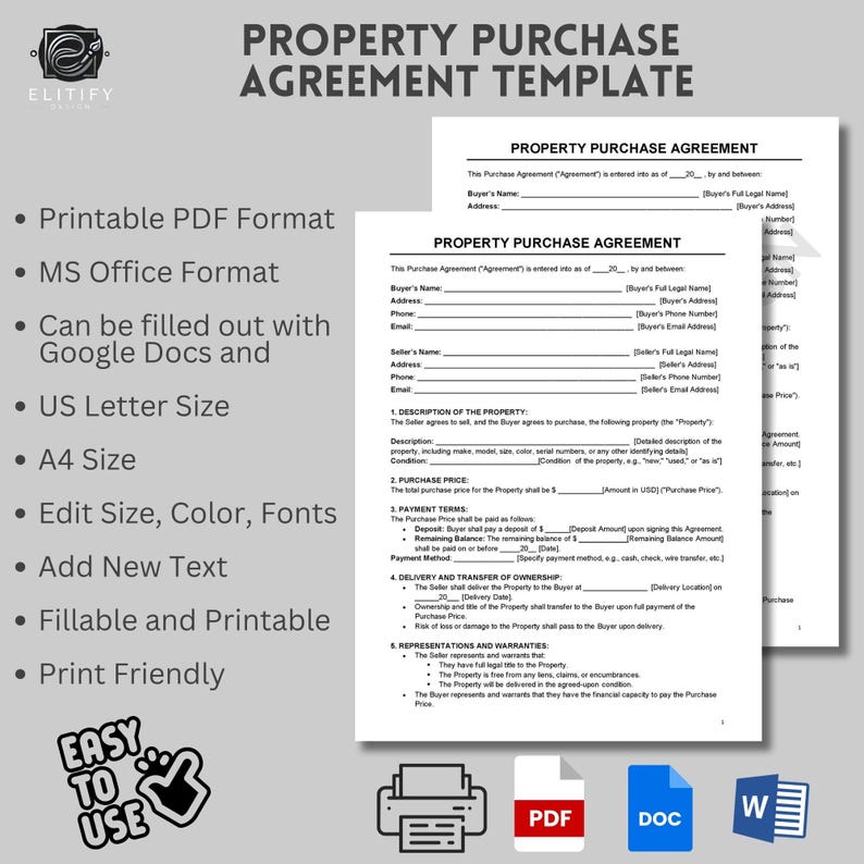 Property Purchase Agreement Template, Editable & Fillable (digital ...
