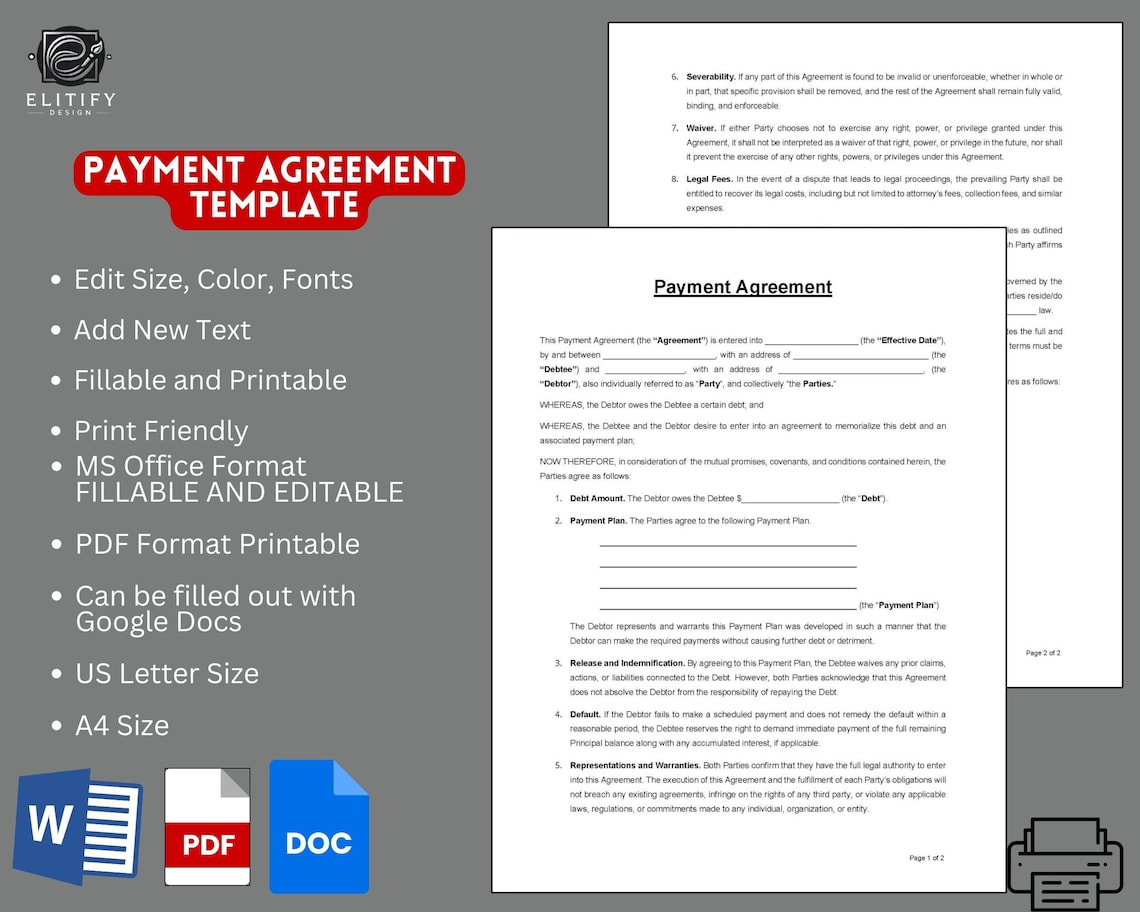 Payment Agreement Template. Payment Contract Template / Fillable, Editable, Printable Format ...