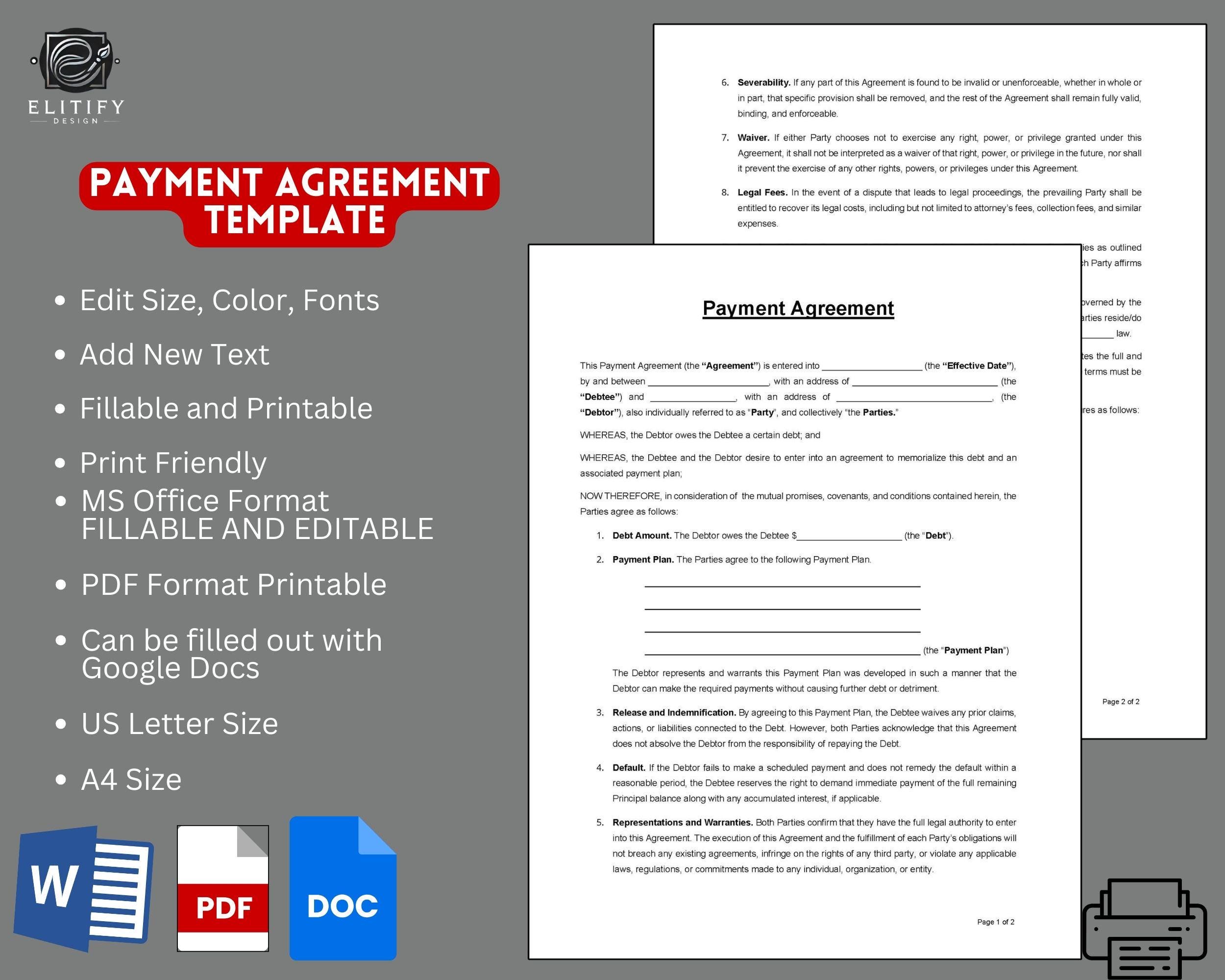 Payment Agreement Template. Payment Contract Template / Fillable ...
