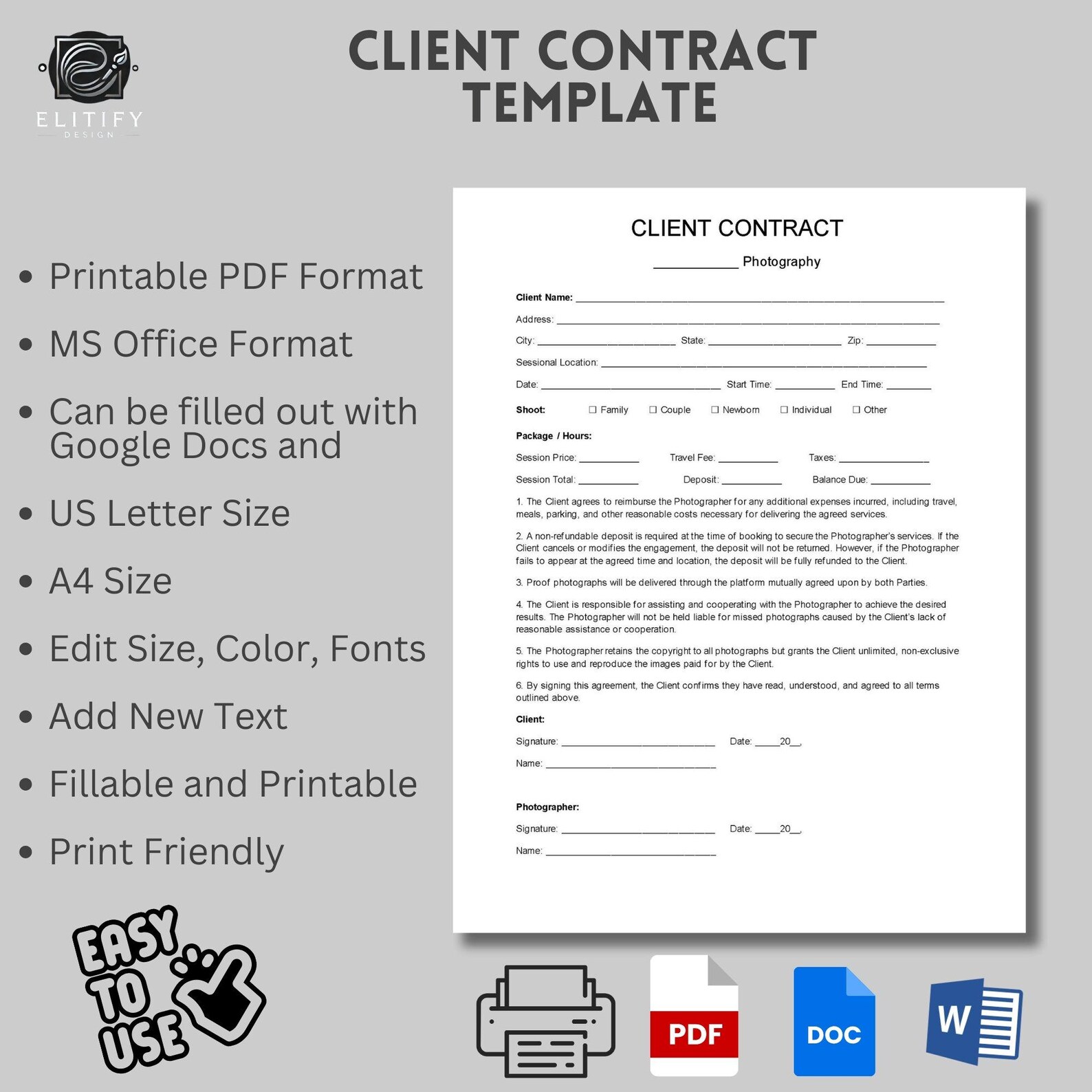 CLIENT CONTRACT TEMPLATE / 1 Page Template / Photographer Contract ...