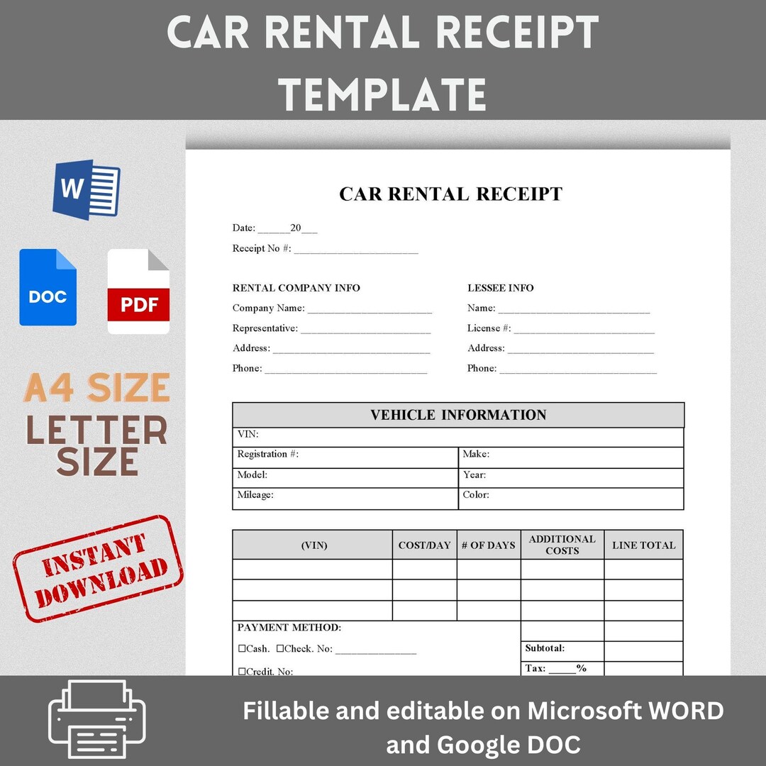 CAR RENTAL RECEIPT Template / Vehicle Rental Receipt Form / Editable ...