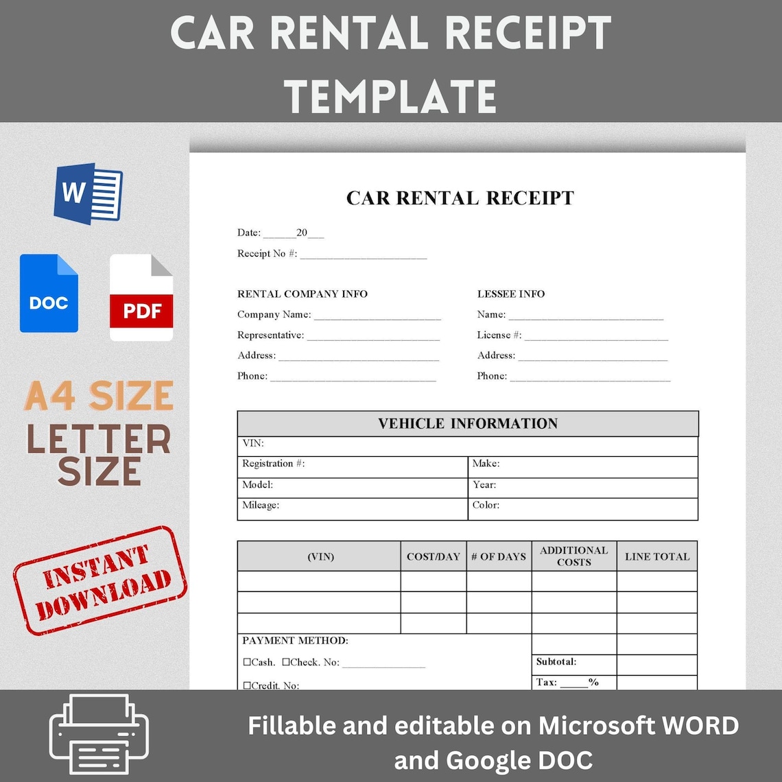CAR RENTAL RECEIPT Template / Vehicle Rental Receipt Form / Editable ...