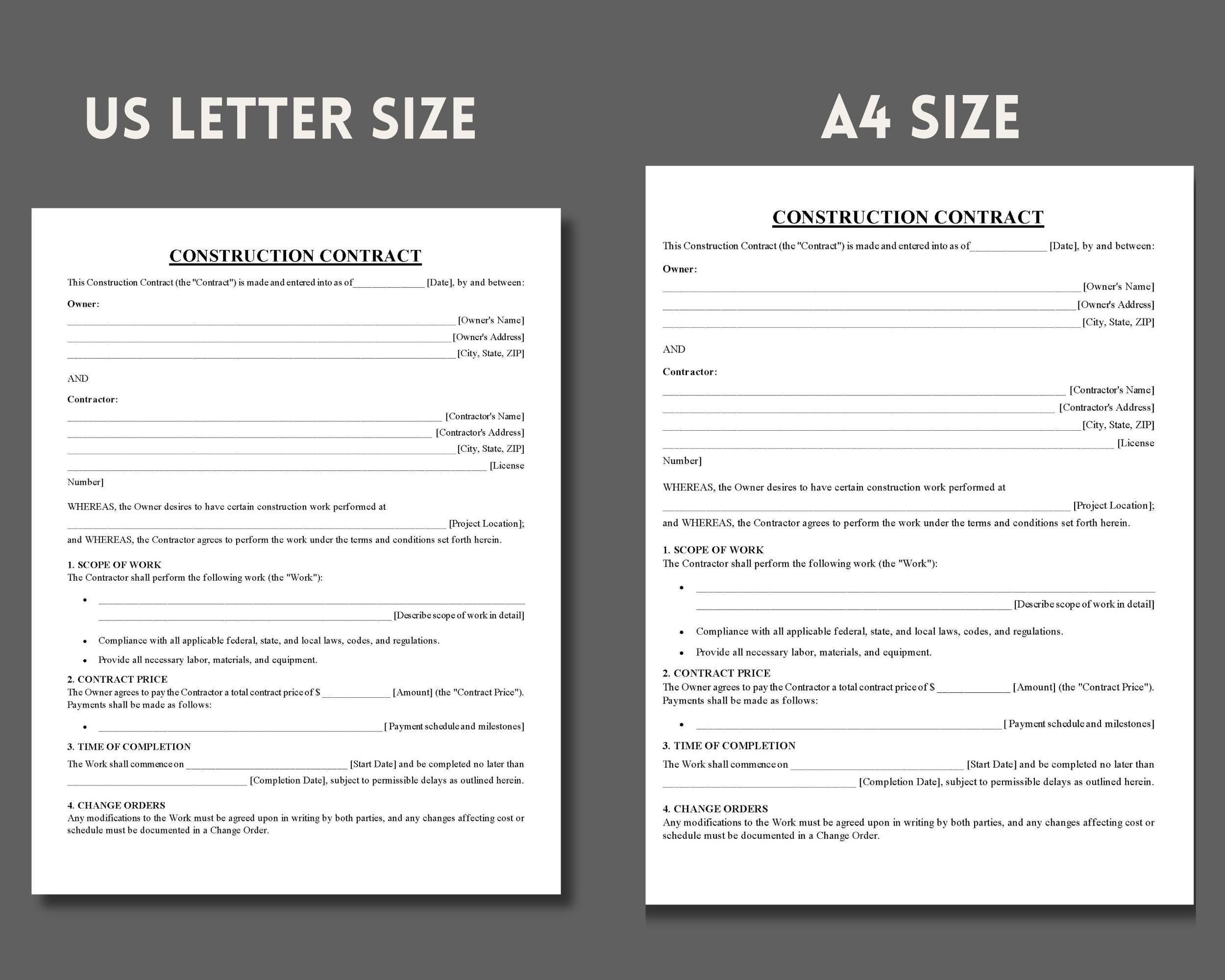 Construction Contract Template, Editable PDF, Google Docs, MS Word - Etsy