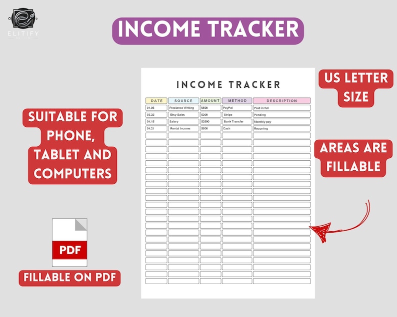 Editable Income Tracker. PDF Spreadsheet | Budget and Finance Planner ...
