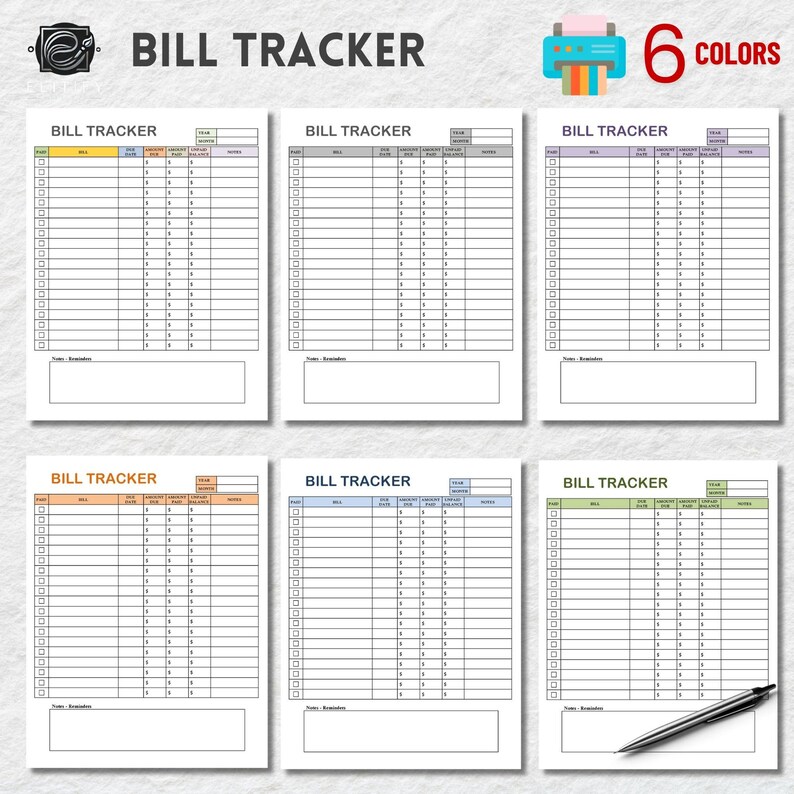 Bill Payment Tracker Printable, Fillable, 6 Colors (MS Word, PDF) - Etsy