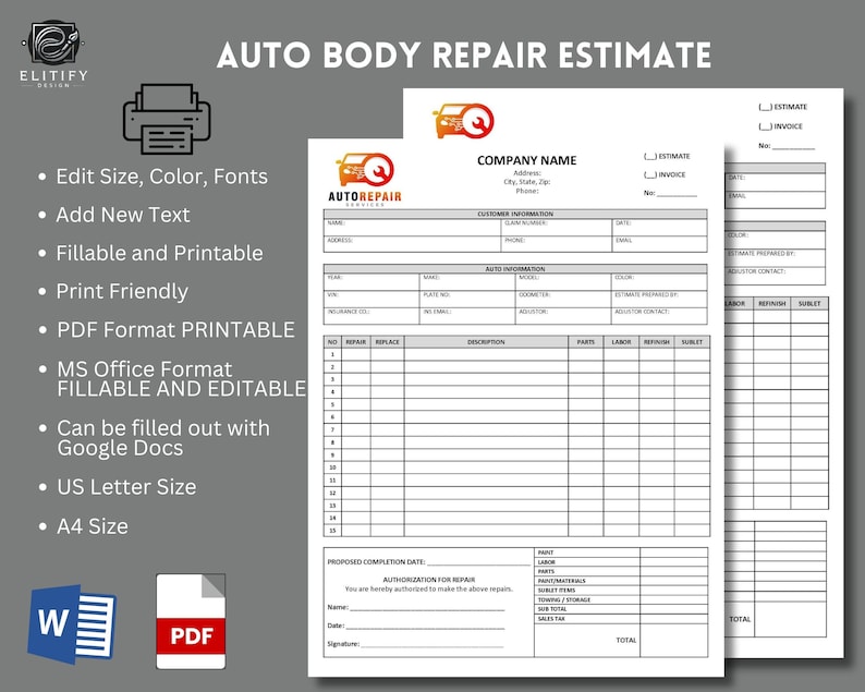 Auto Repair Estimate Template, Editable Word and Printable PDF Instant ...