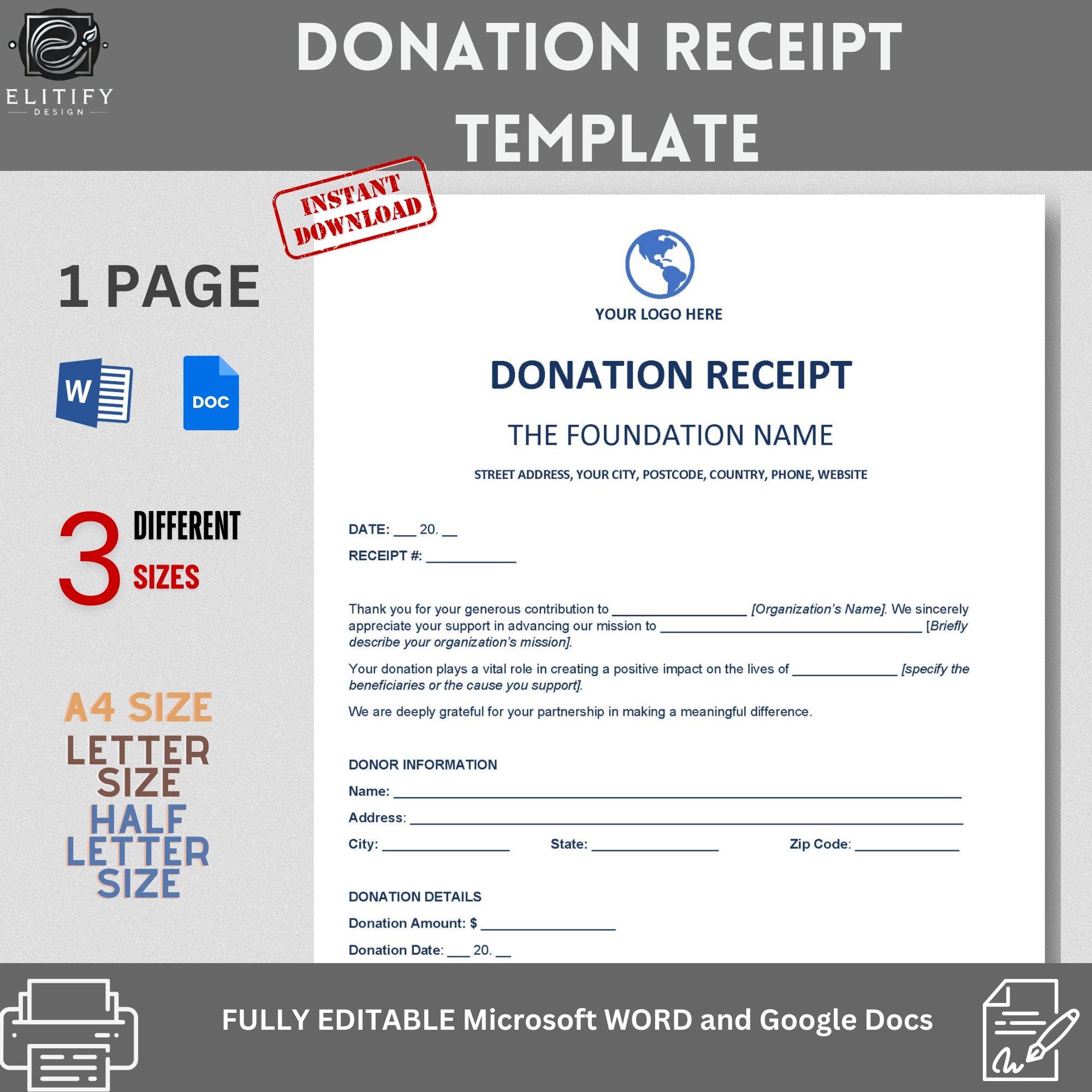 DONATION RECEIPT TEMPLATE / A4, Letter Size, Half Letter Size Receipt ...