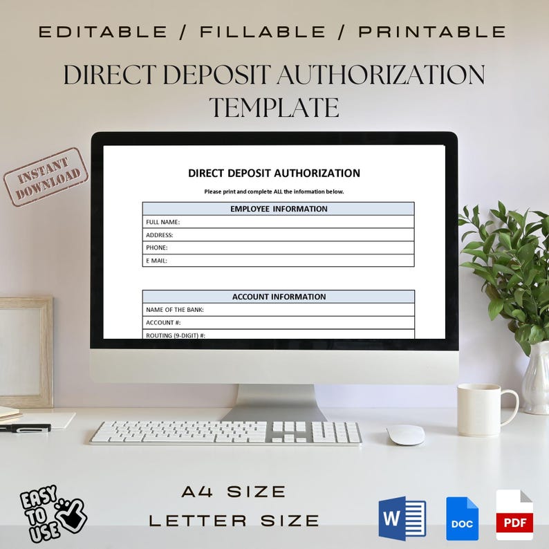 DIRECT DEPOSIT AUTHORIZATION Form Template / Printable and Editable Employee Direct Deposit Form ...