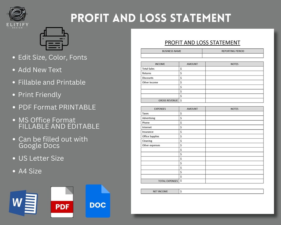Profit and Loss Statement Template: Financial Tracking (word/pdf) - Etsy