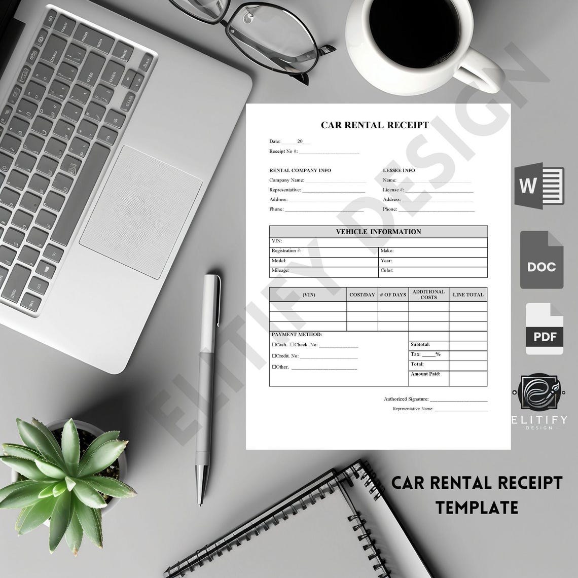 CAR RENTAL RECEIPT Template / Vehicle Rental Receipt Form / Editable ...