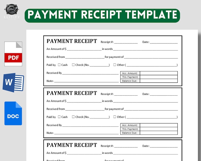 Fillable Payment Receipt Template for MS Word & PDF (digital Download ...