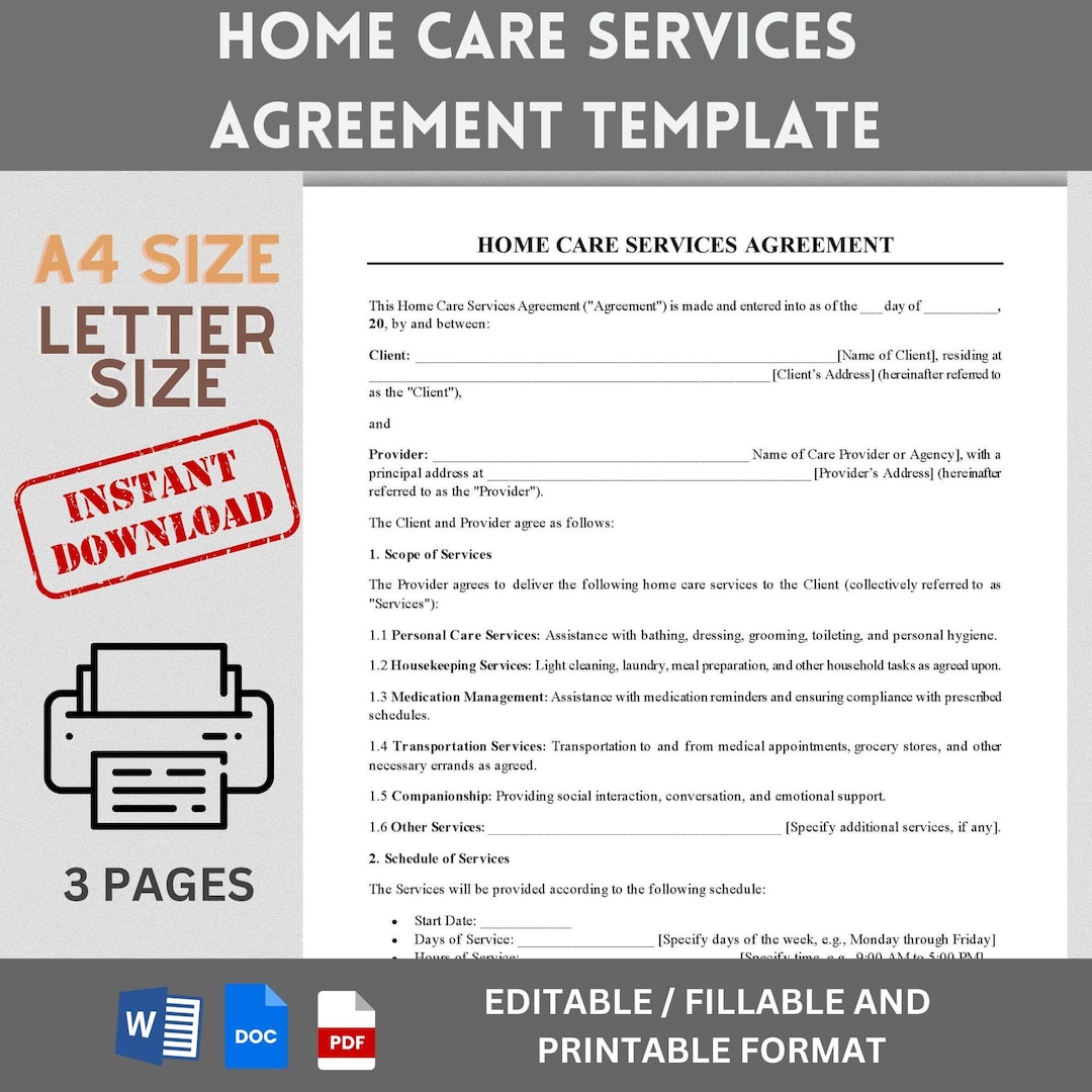 HOME CARE SERVICES Agreement Template / Editable, Fillable, Printable ...