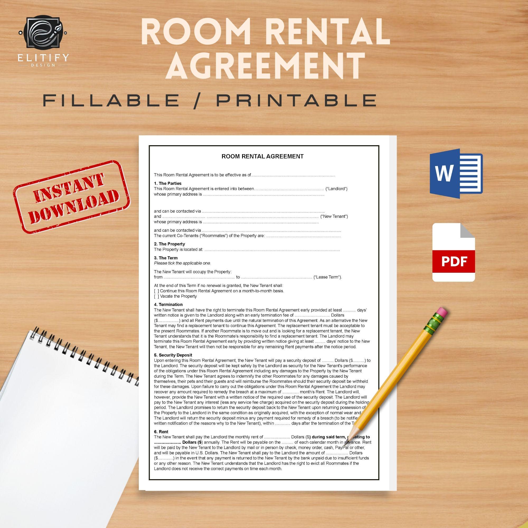 FILLABLE ROOM RENTAL Agreement Template. 2 Pages Editable Room Tenancy ...
