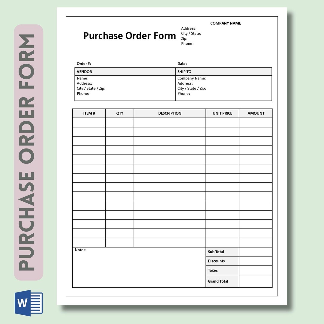 Purchase Order Form Template. Editable, Fillable, Printable Document ...